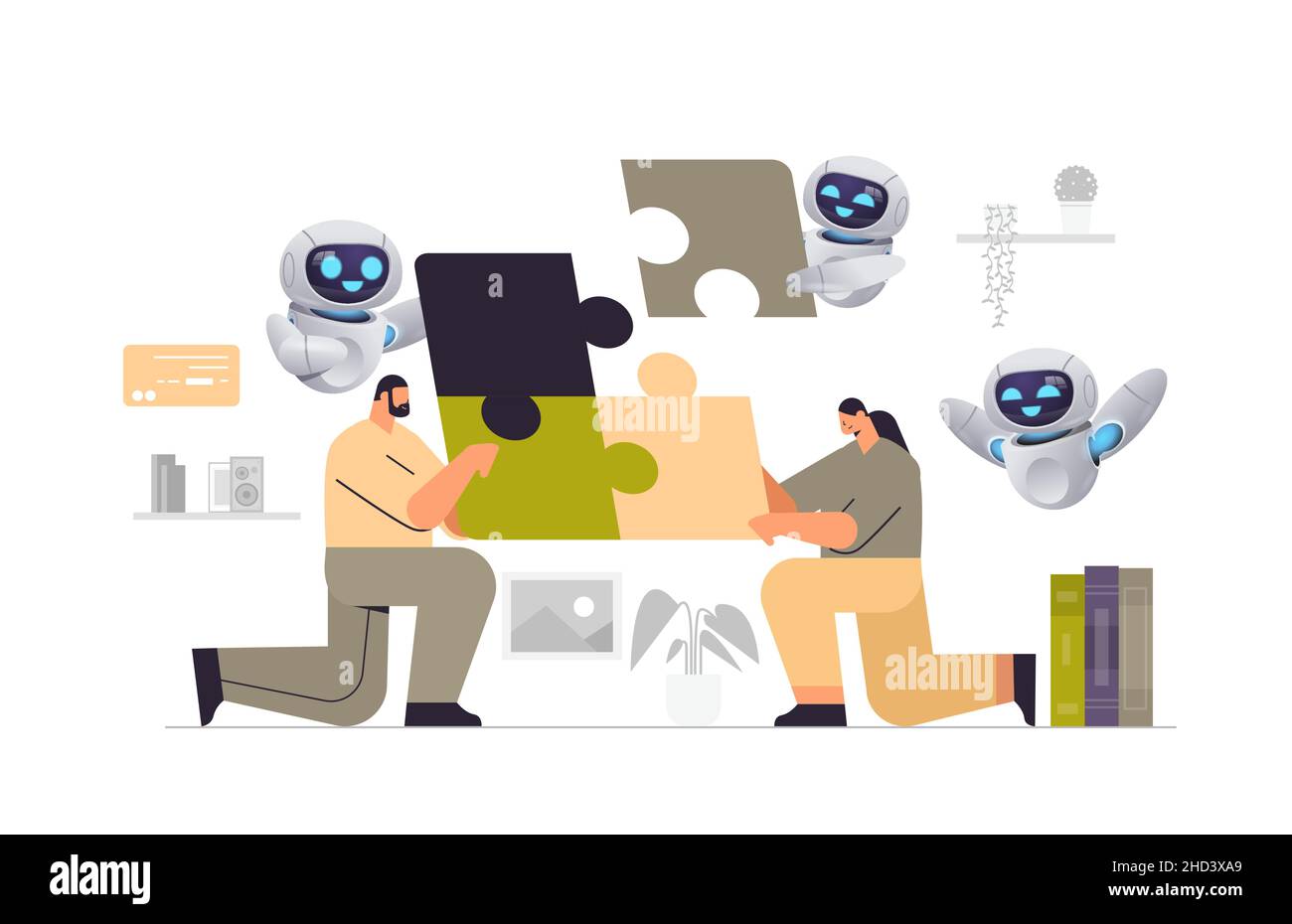 businesspeople with robots helpers putting parts of puzzle together ...