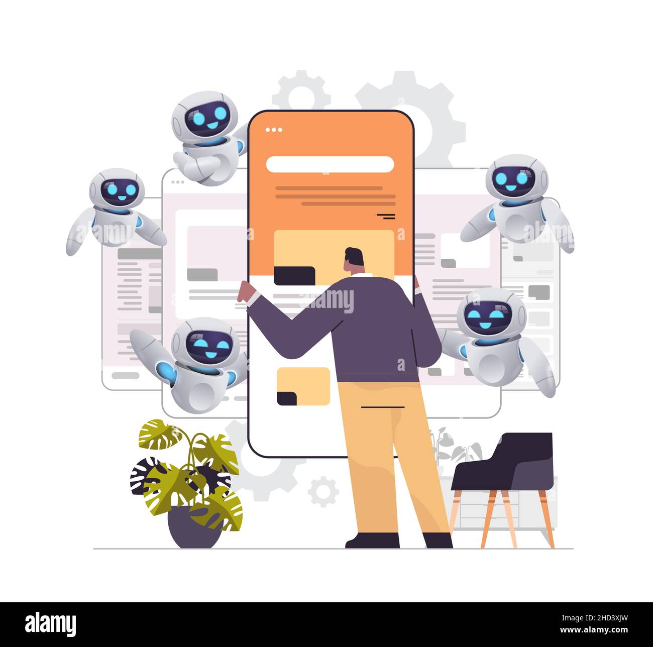 Man And Robot Web Developers Creating Program Code On Smartphone Screen Development Of Software