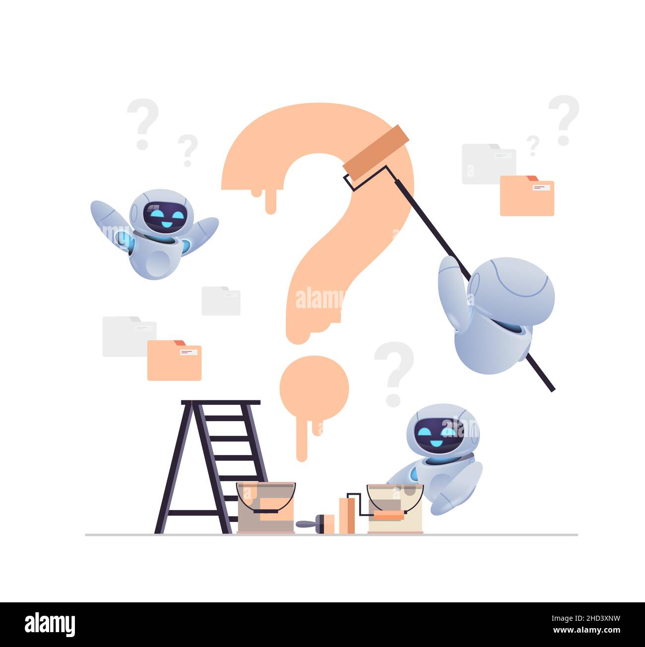 confused robots painting question mark on wall frustration problem ...