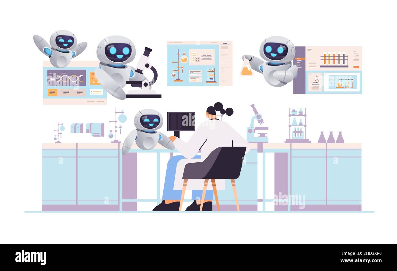 research scientist with robots helpers working with test tubes ...