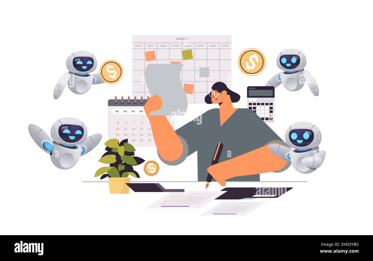 businesswoman with robots helpers calculating invoice on accounting ...