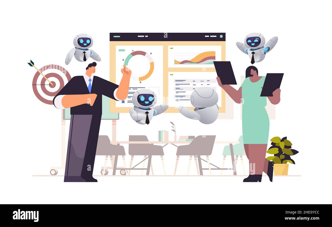 mix race businesspeople with robots presenting financial statistics charts graphs and diagrams ...