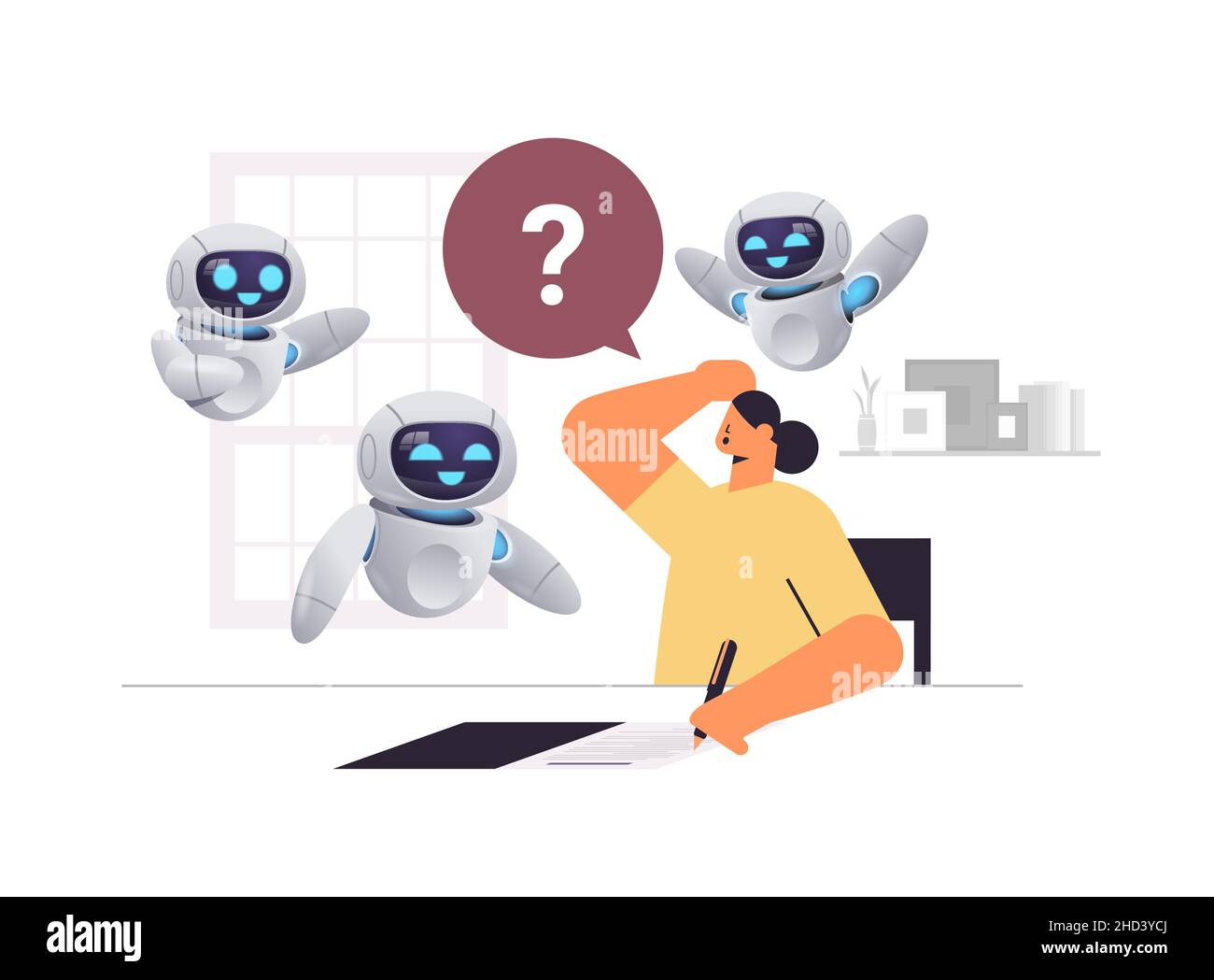 girl student with robots having exam writing test education learning ...