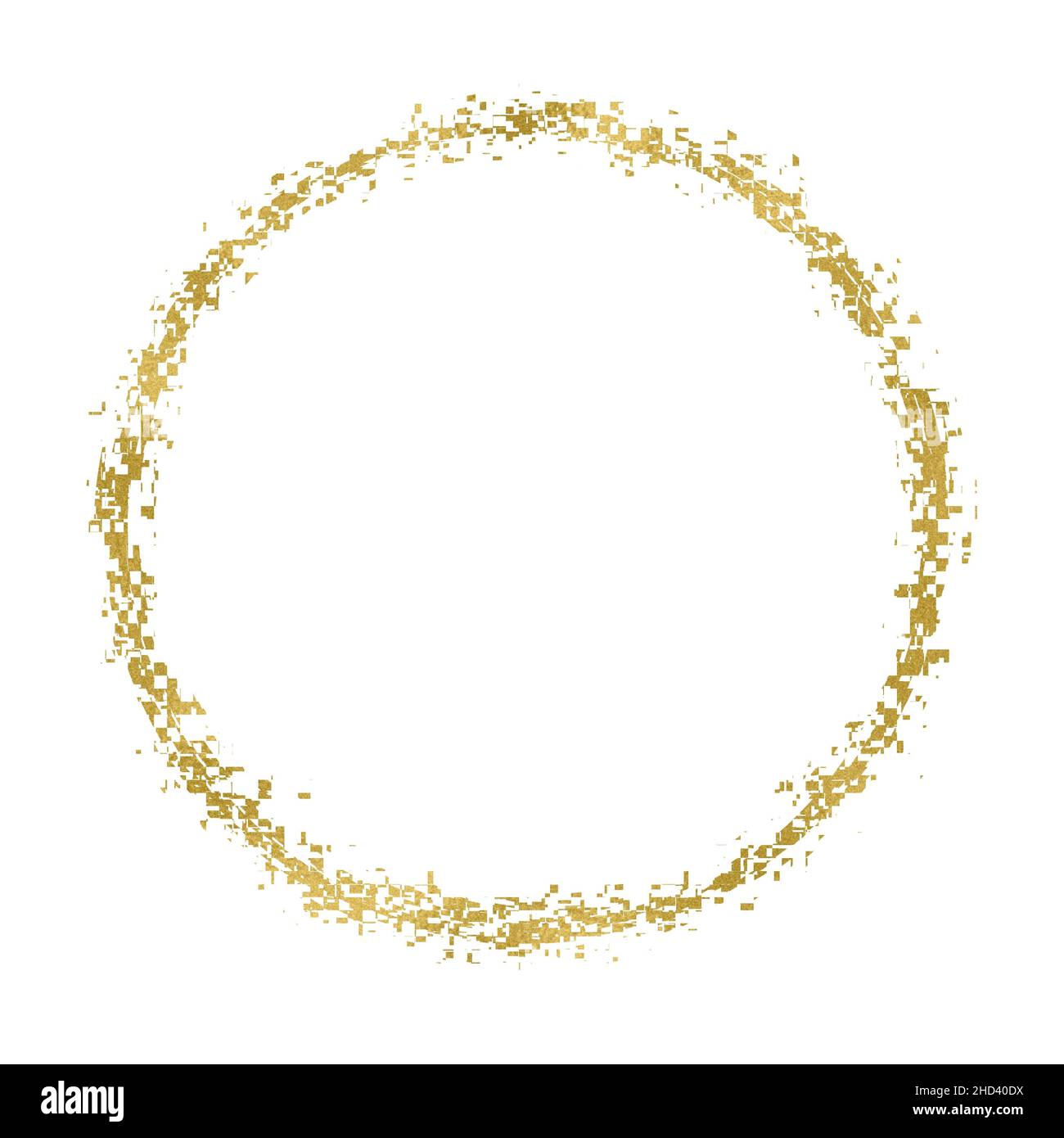Golden circle with glitch effect, pattern. Round shape, pixel noise ...