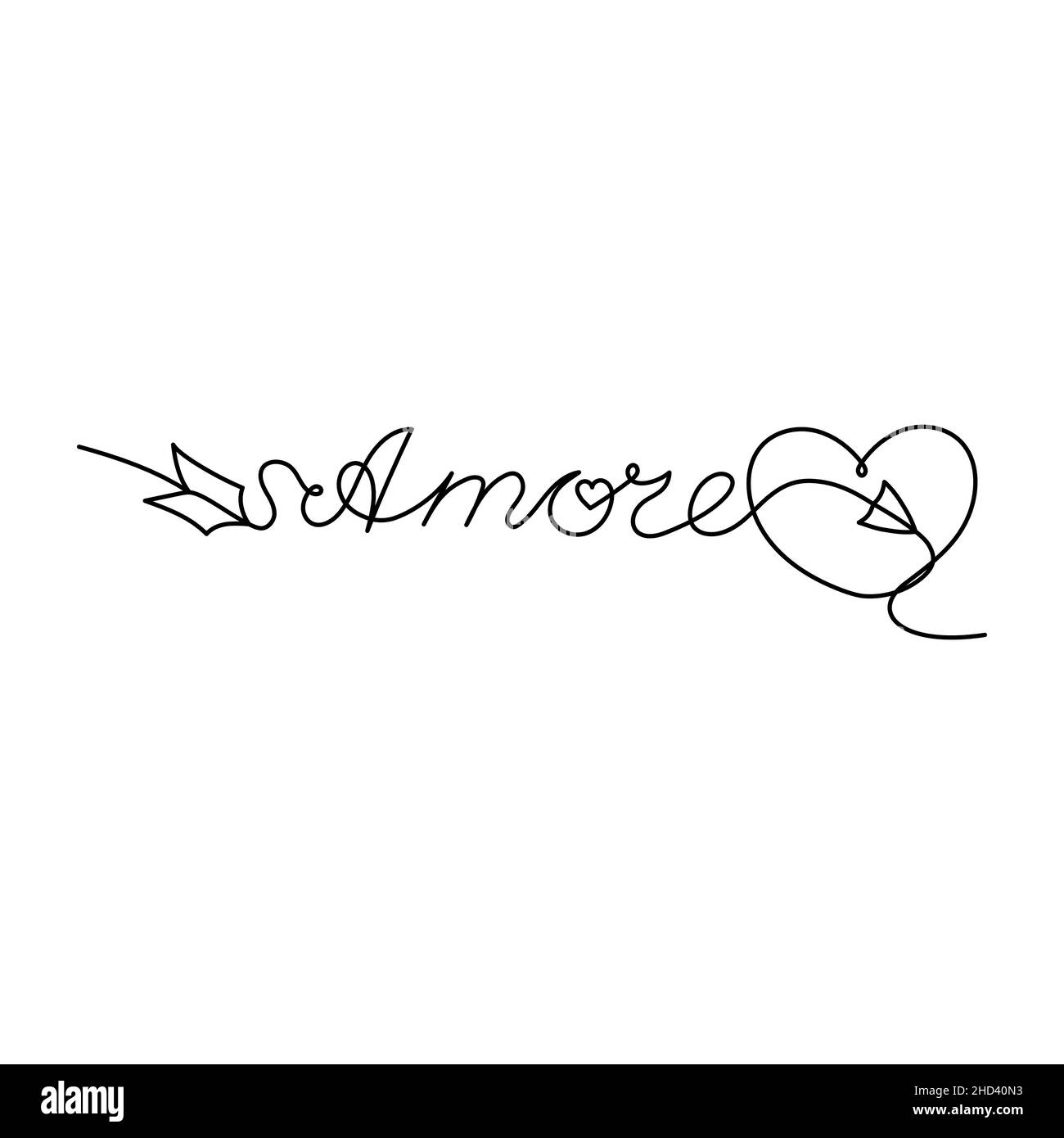 Continuous One Line lettering heart and amore (love in Italian) in the ...