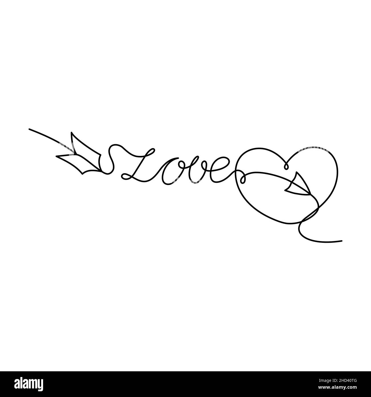 Continuous One Line lettering heart and love in the form of an arrow ...