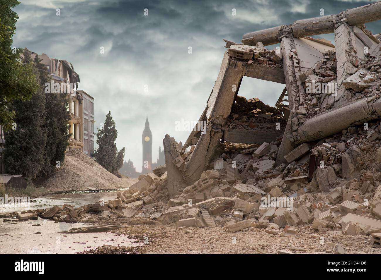 View on a collapsed concrete industrial building with British ...