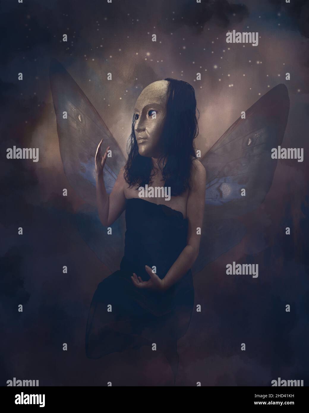 A single female and masked, mystical fairy like creature on a smokey ...