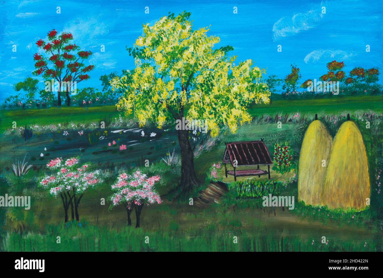 Oil painting on canvas of rural Thai farm in middle of rice paddies ...