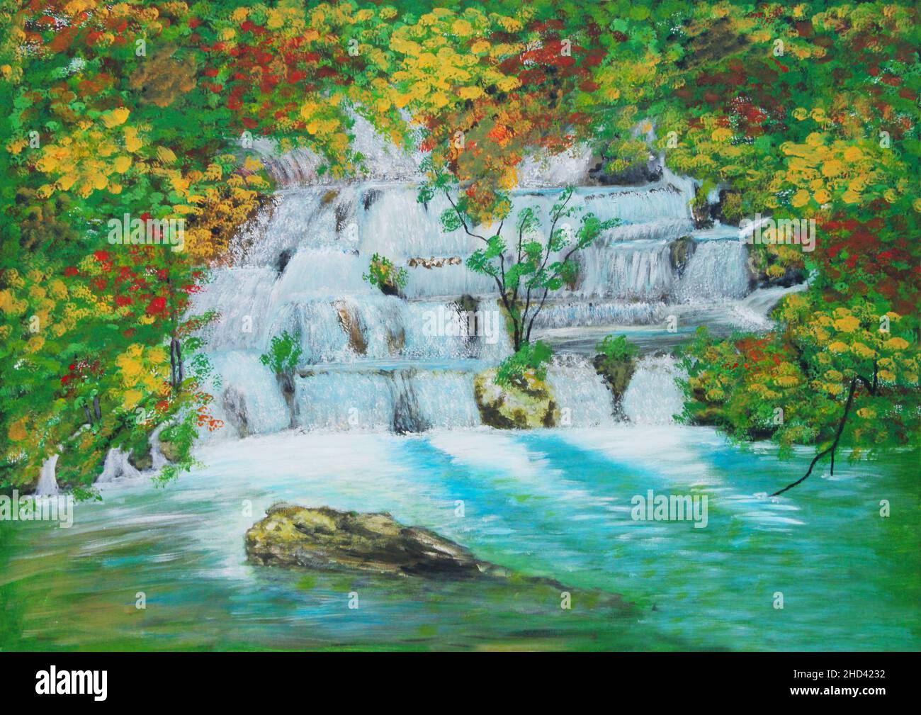 Oil painting on canvas of Multilevel Sai Yok waterfalls in Thailand ...