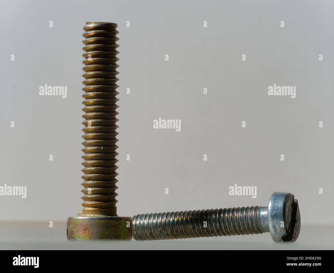 Close-up picture of a rusty gold and silver screw on a white background ...