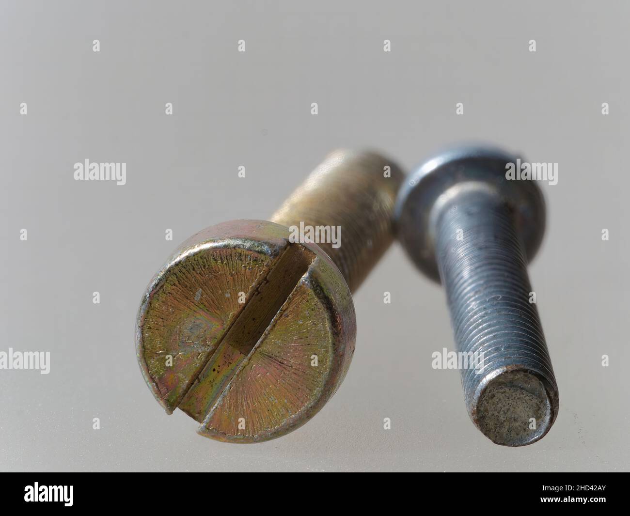 Close-up picture of a rusty gold and silver screw on a white background ...