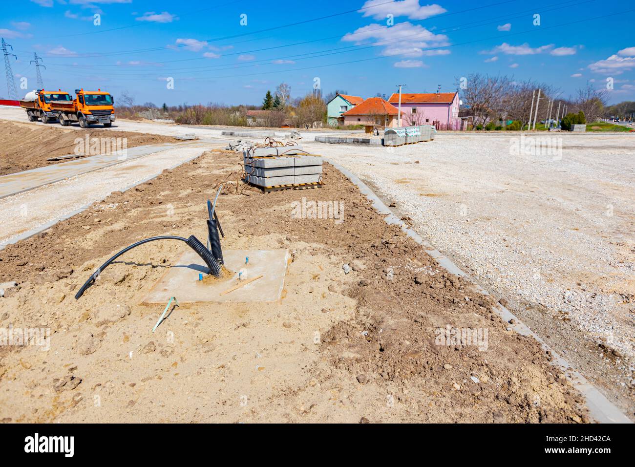 Corrugated pipe black plastic pipe with cable is coming out from the ...