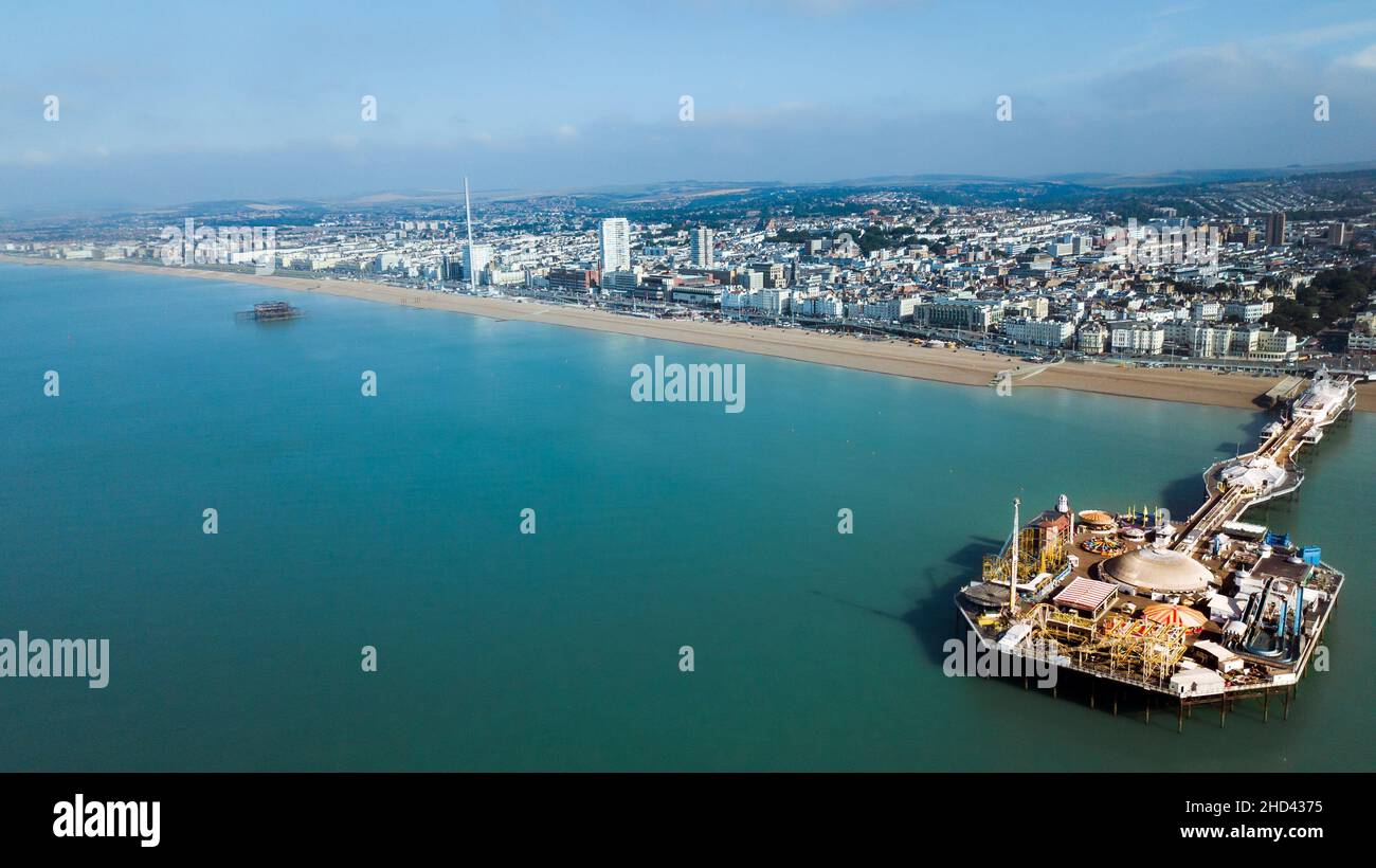Aerial view of the Brighton West Pier in Brighton, England on blue sky ...