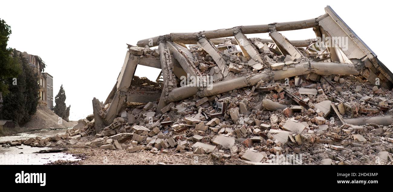 Collapsed concrete industrial building. Disaster scene full of debris ...