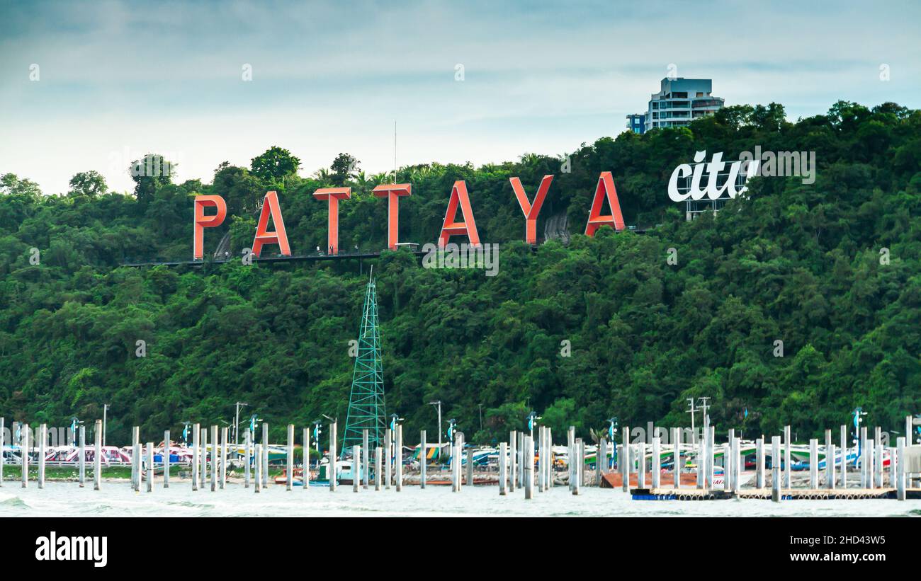 Pattaya City Signage in Thailand on a hillside with green trees Stock ...