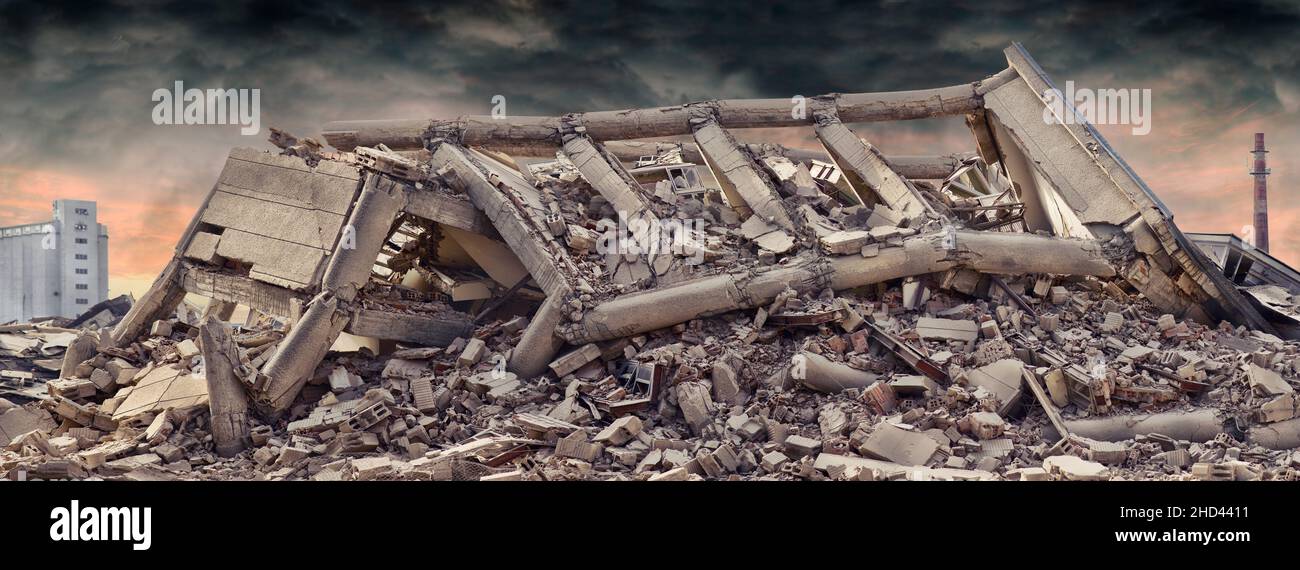 Collapsed concrete industrial building isolated on white background ...