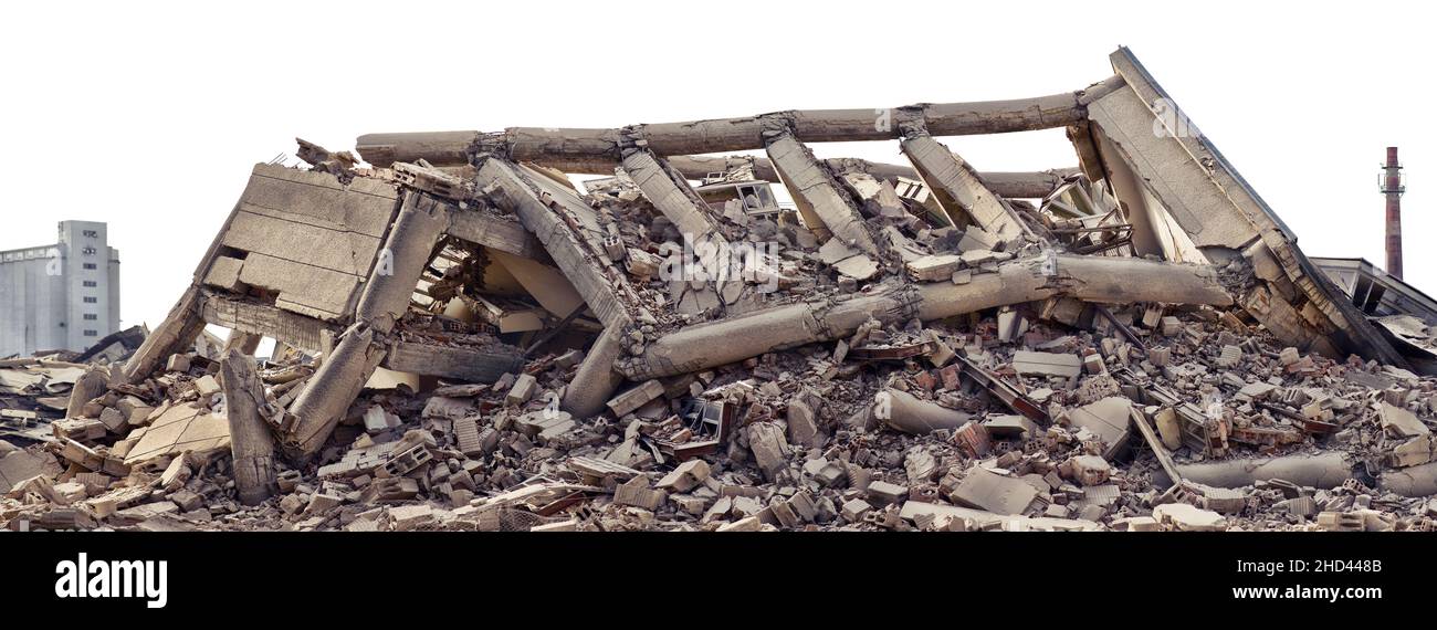 Collapsed concrete industrial building isolated on white background ...