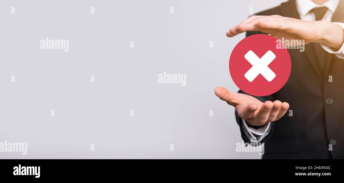 Hand holds icon,cancellation symbol,cancel icon.Cross mark flat red ...