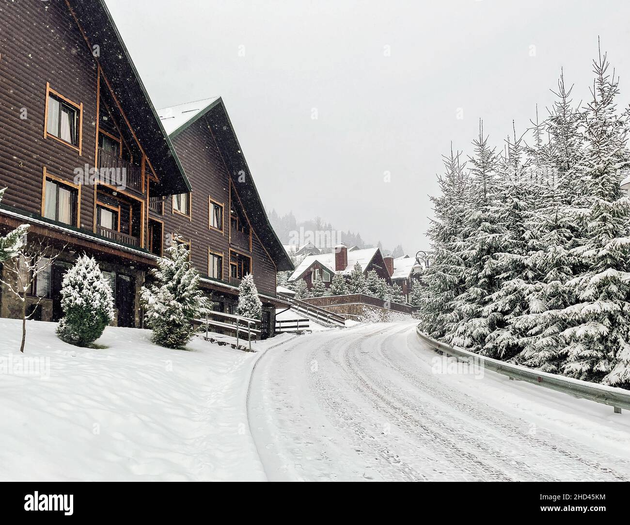 BUKOVEL, Ukraine. 02-06-2021. Winter snow ski resort in mountains ...