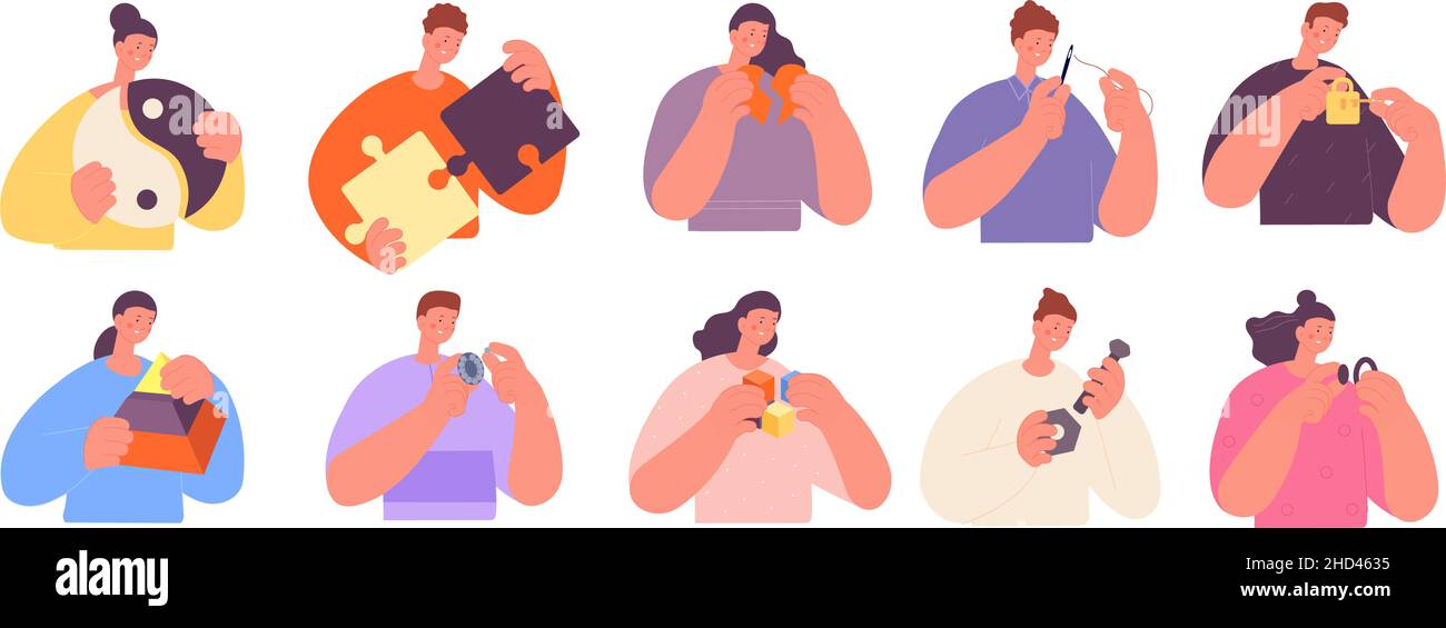 Successfully complete work. People collect different shapes, doing hand ...