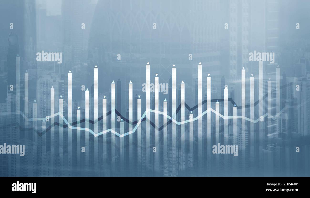 Histogram and lines economic chart on modern architecture background ...