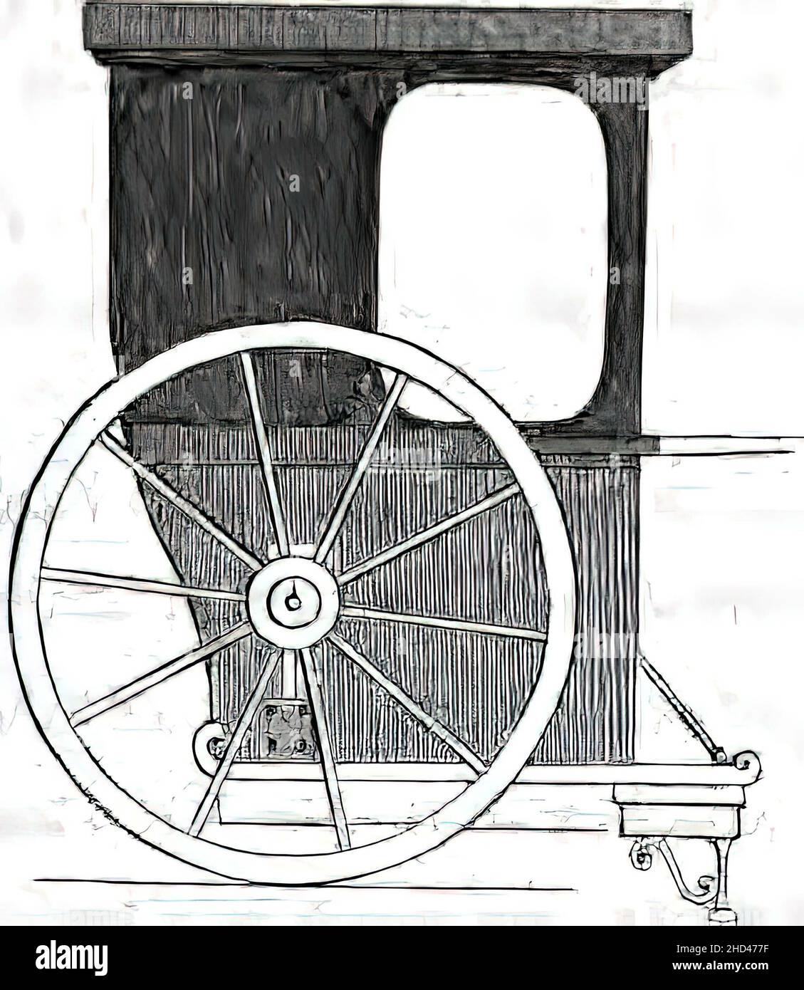 A black and white illustration of a small vintage carriage on a white ...