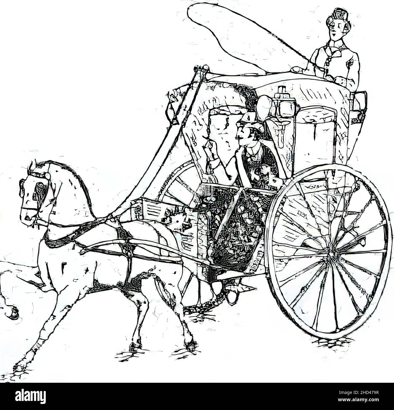 A black and white drawing of a vintage horse-drawn carriage with a ...