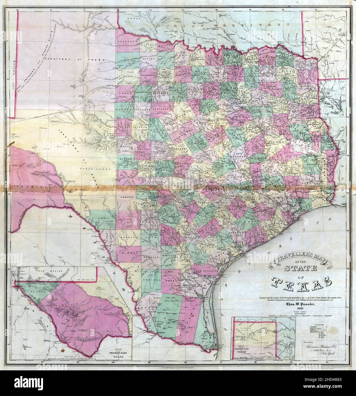 A highly detailed vintage map of the State of Texas with separated ...
