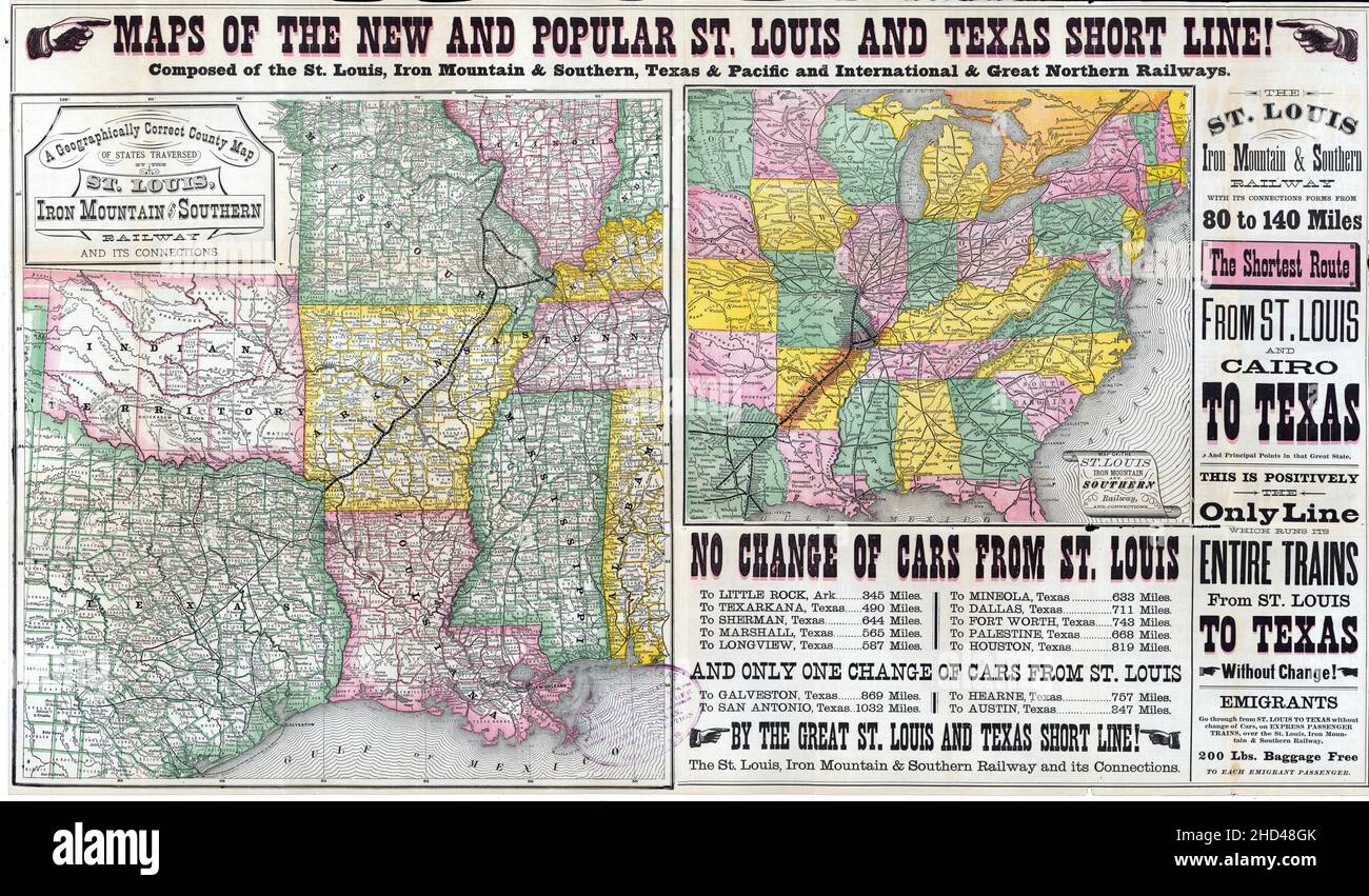 Two old detailed vintage maps of St. Louis and Texas short line Stock ...
