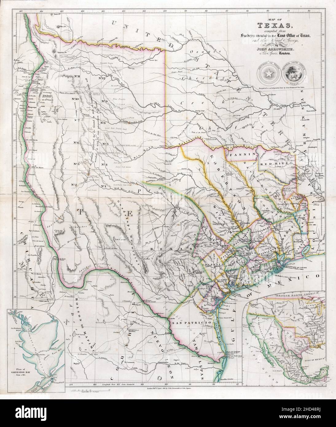 A vintage arrowsmith map of Texas with colorful border outlines Stock ...