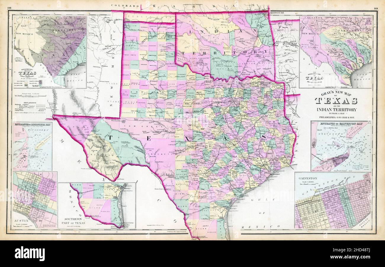 A detailed old map of the State of Texas with borders highlighted in ...