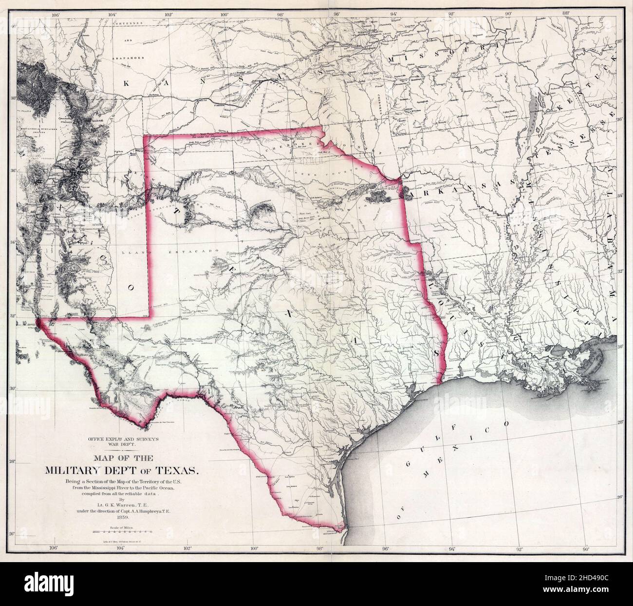 An old map of the military department of Texas separated with blue ...
