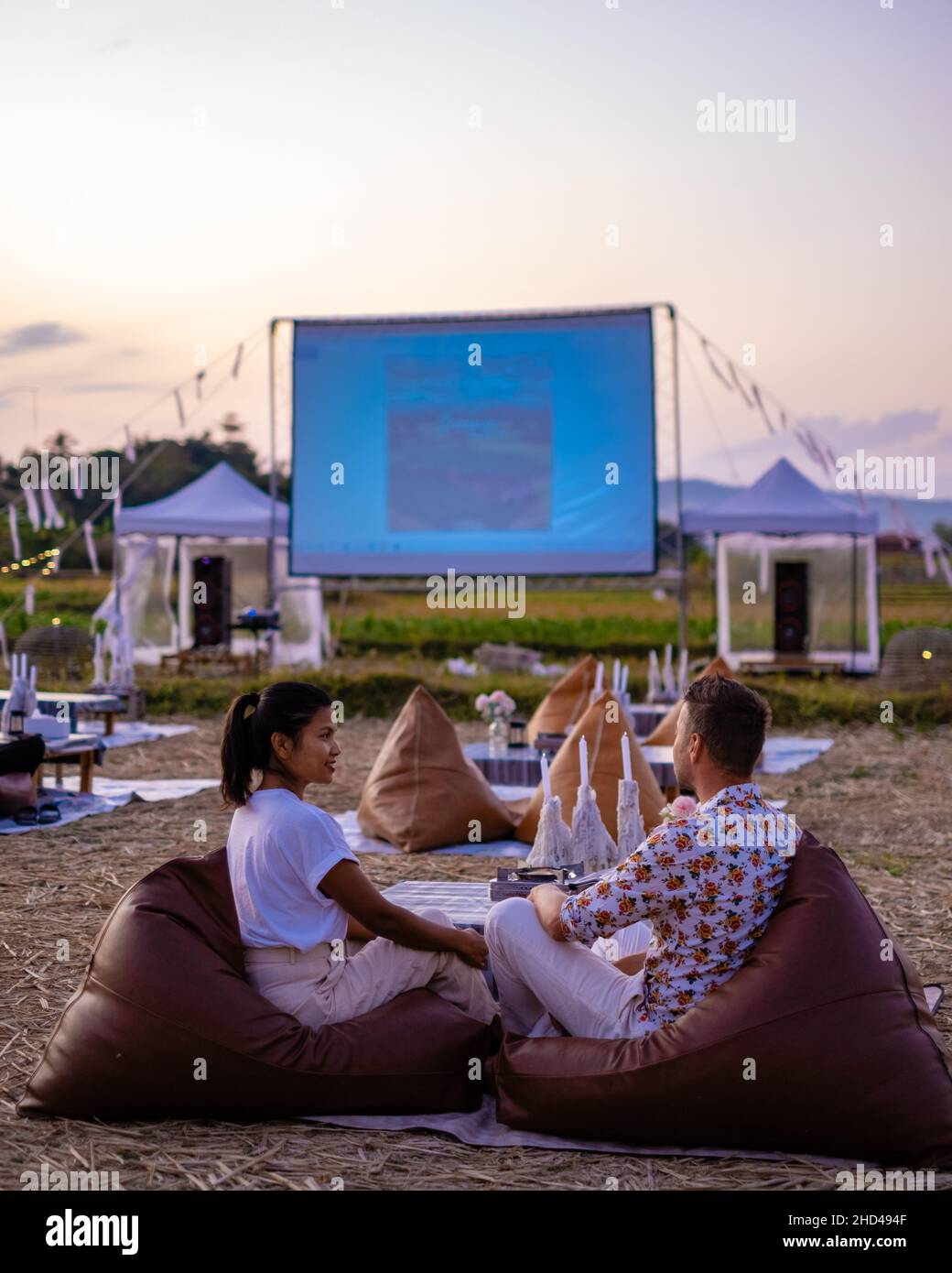 Nan Thailand , people looking movies at outdoor cinema at night in Nan ...