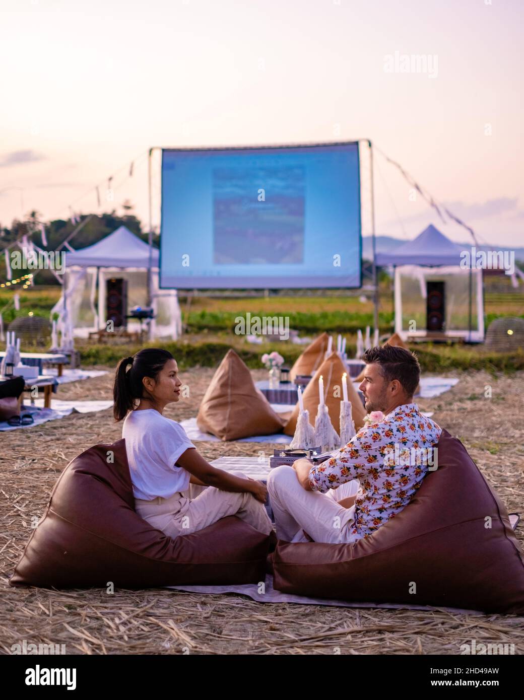 Nan Thailand , people looking movies at outdoor cinema at night in Nan ...