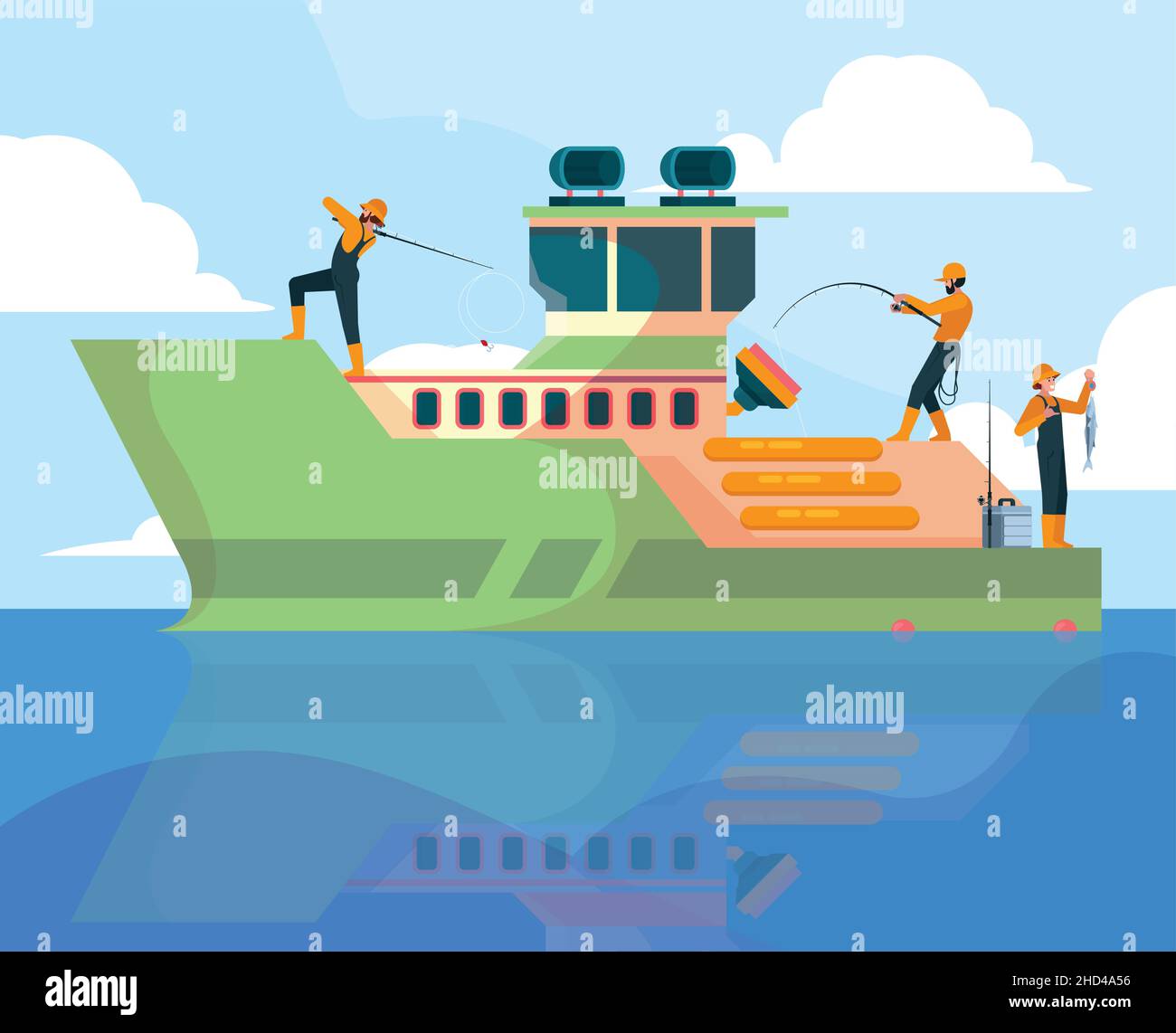 Fishing vessel background. Sailors characters outdoor hobby activities ...