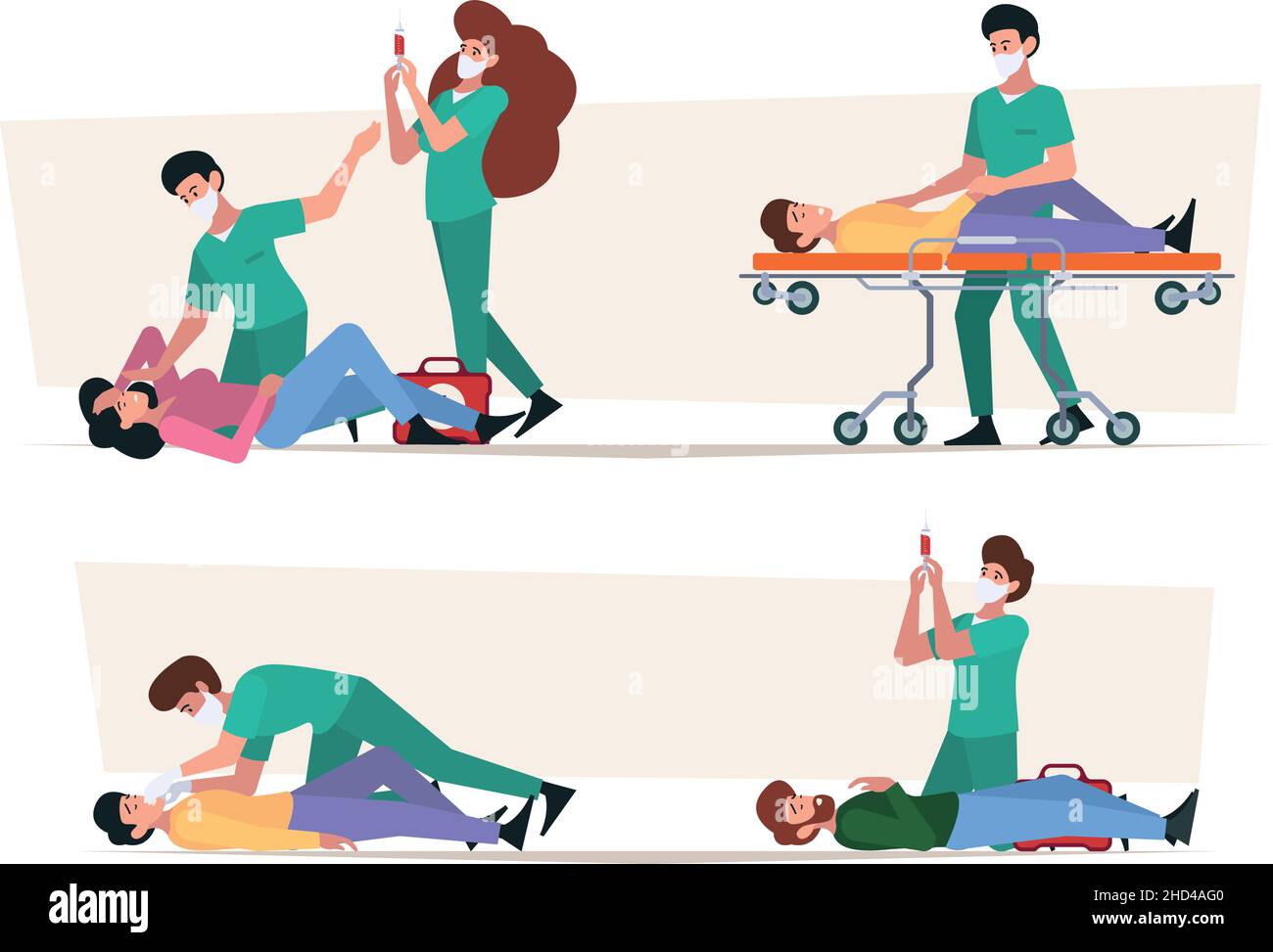 First aid. Emergency help different stages doctors helping people life ...