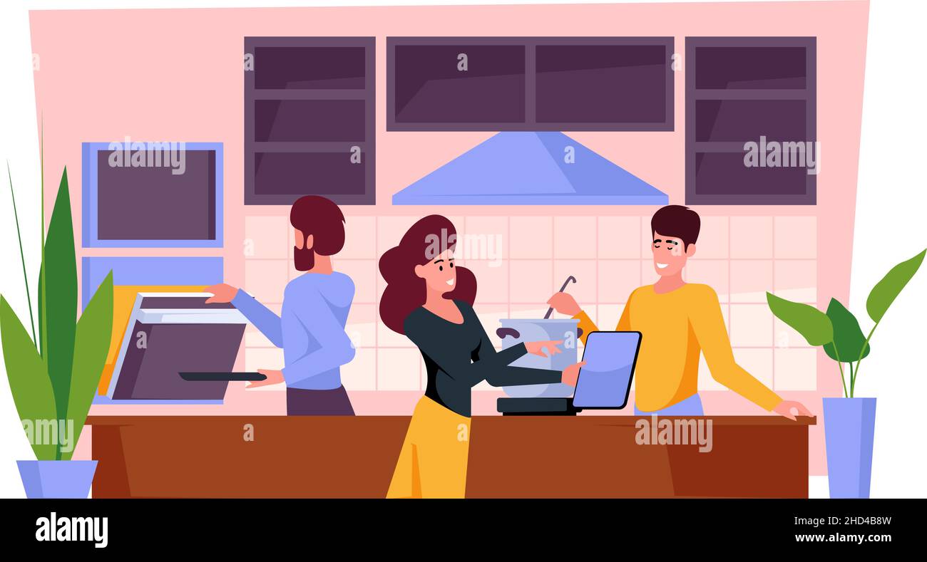 Family in kitchen background. Happy couples with kids standing and ...