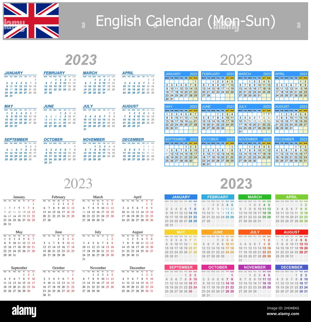 2023 English Mix Calendar Sun-Sat on white background Stock Vector ...