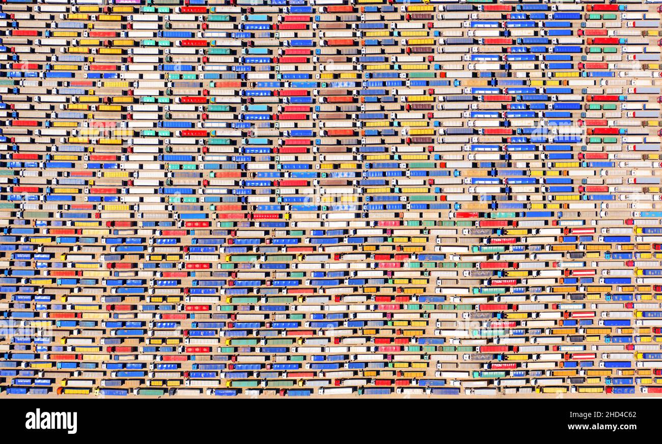 Truck jam. A huge queue of trucks near the port terminal Stock Photo ...