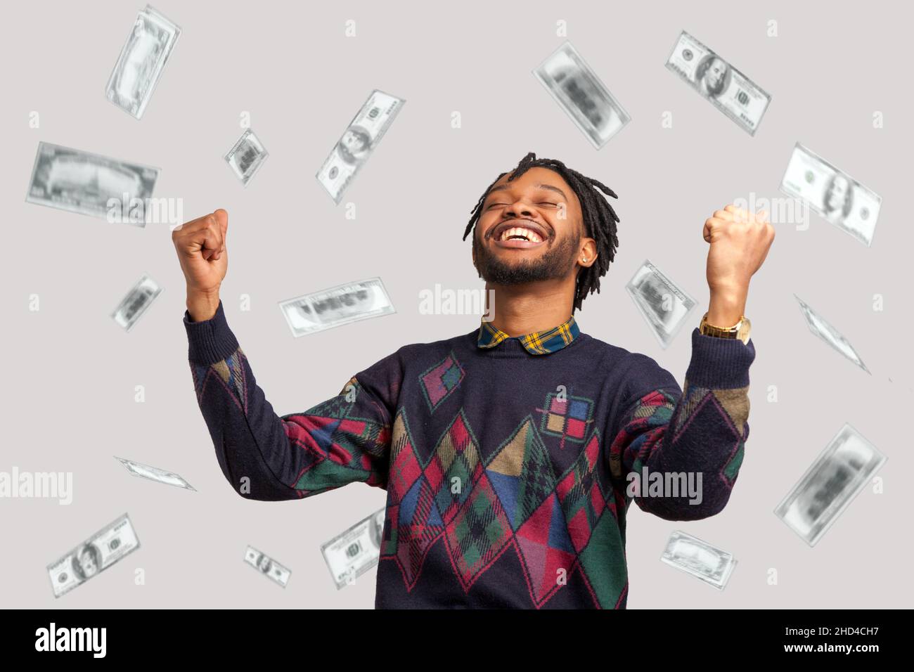 Money rain, winner and rich. Hurray. satisfied happy man with ...