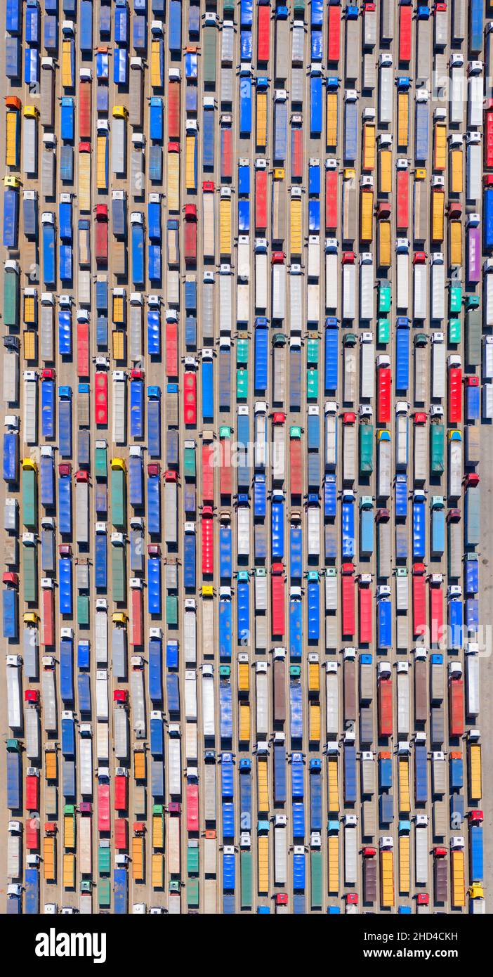 Truck jam. A huge queue of trucks near the port terminal Stock Photo ...