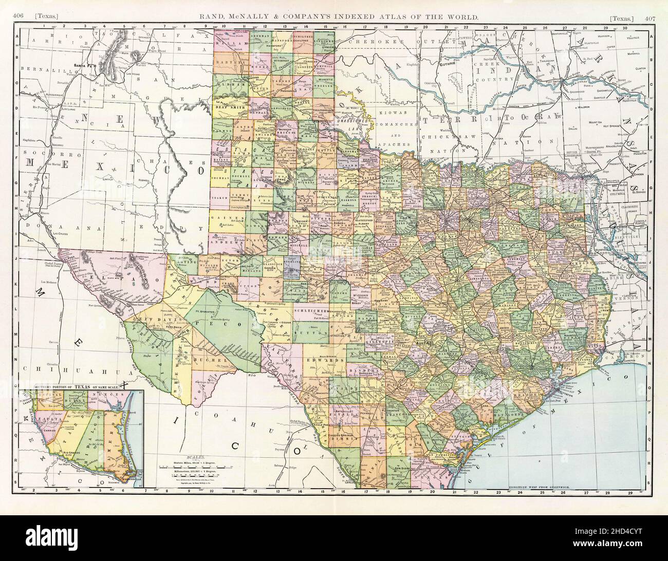 An illustrated map of the State of Texas with separated railroads and ...