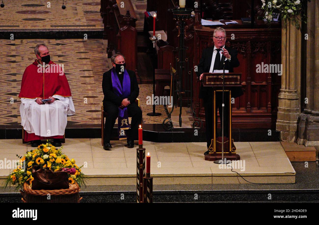 Jim Davidson (right) speaks during the funeral service of Cornish ...