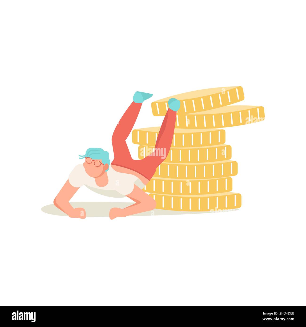 Male investor falls from a stack of coins. Finance decrease and ...