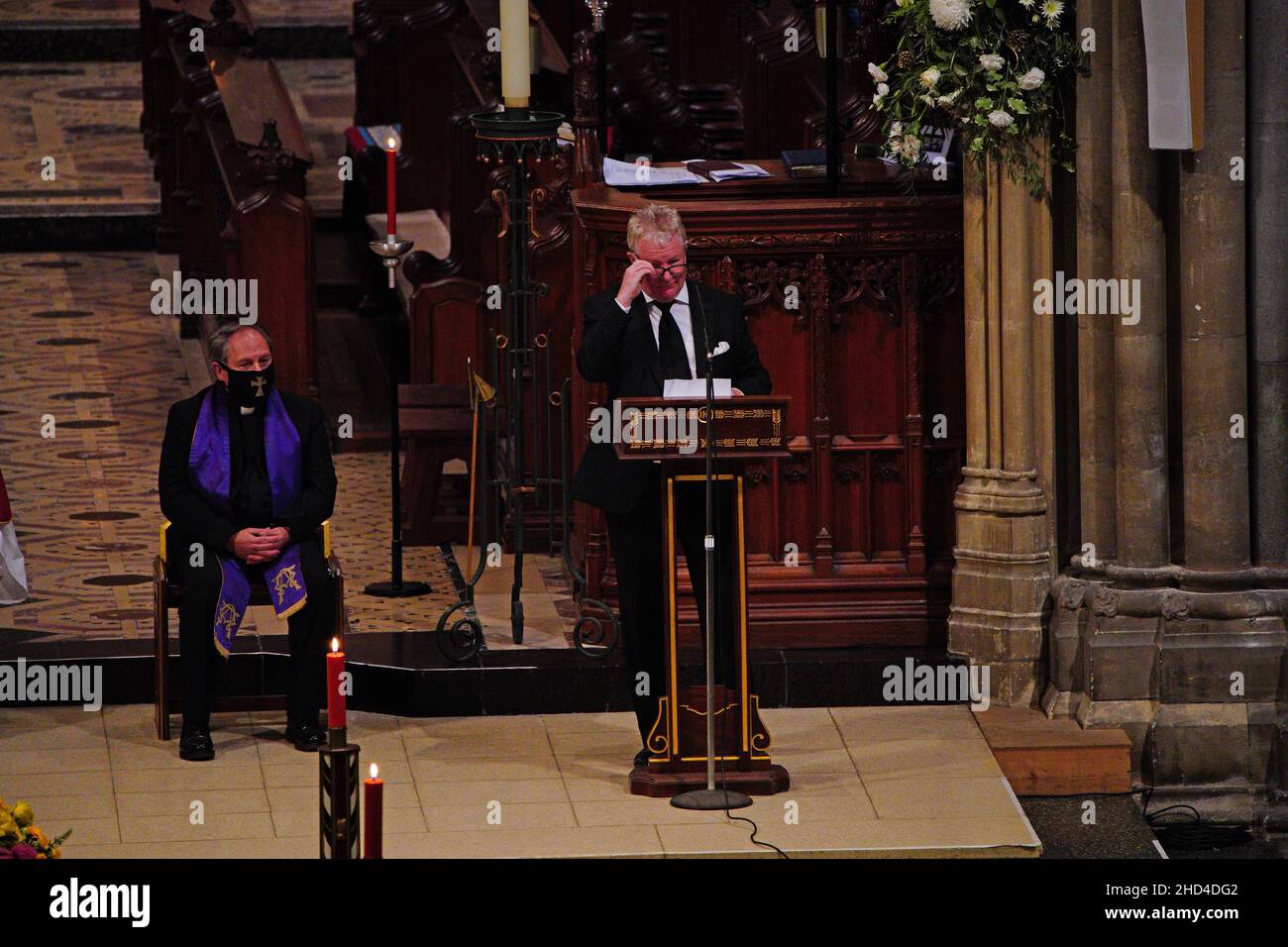 Jim Davidson (right) speaks during the funeral service of Cornish ...