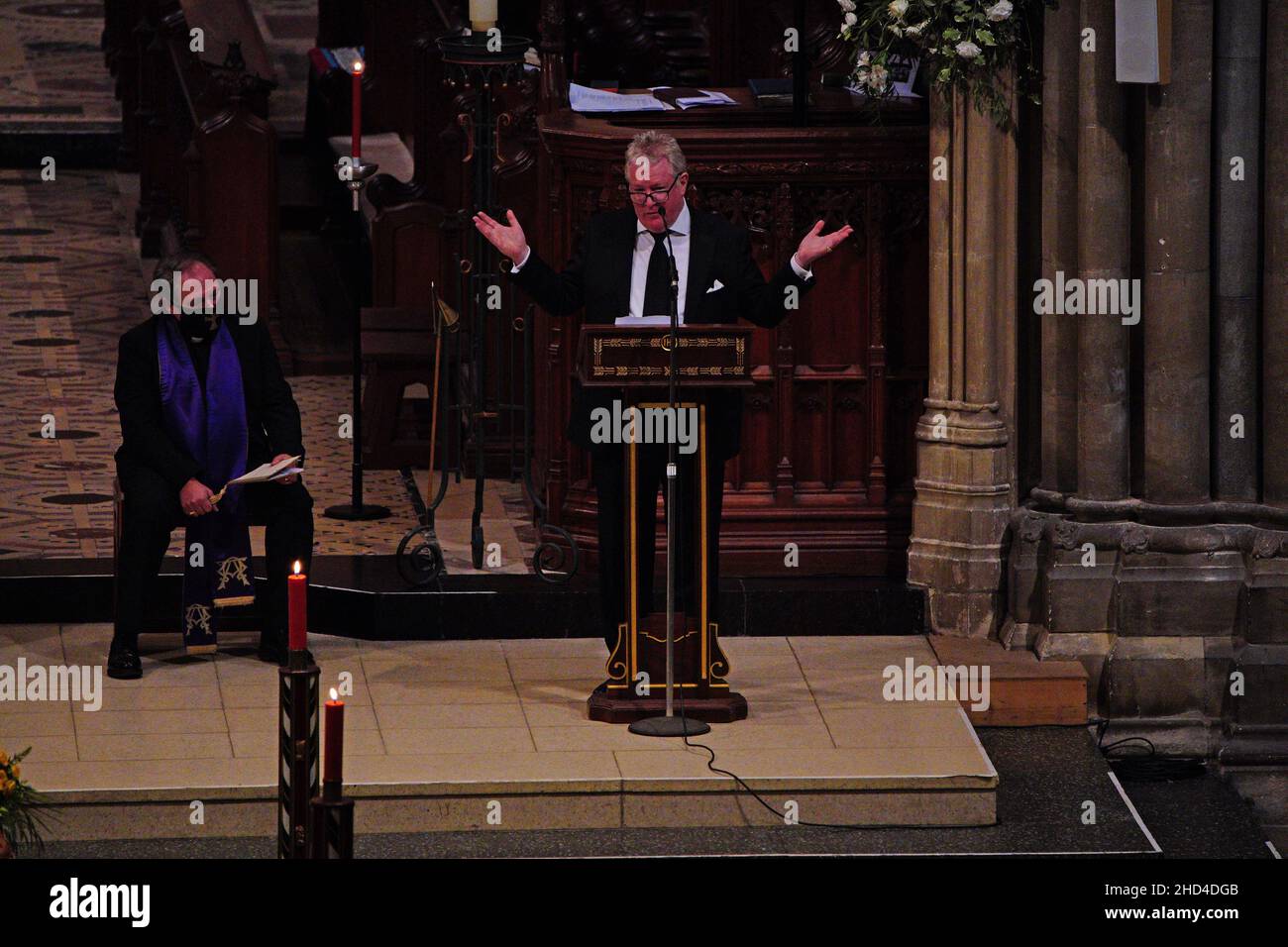 Jim Davidson (right) speaks during the funeral service of Cornish ...