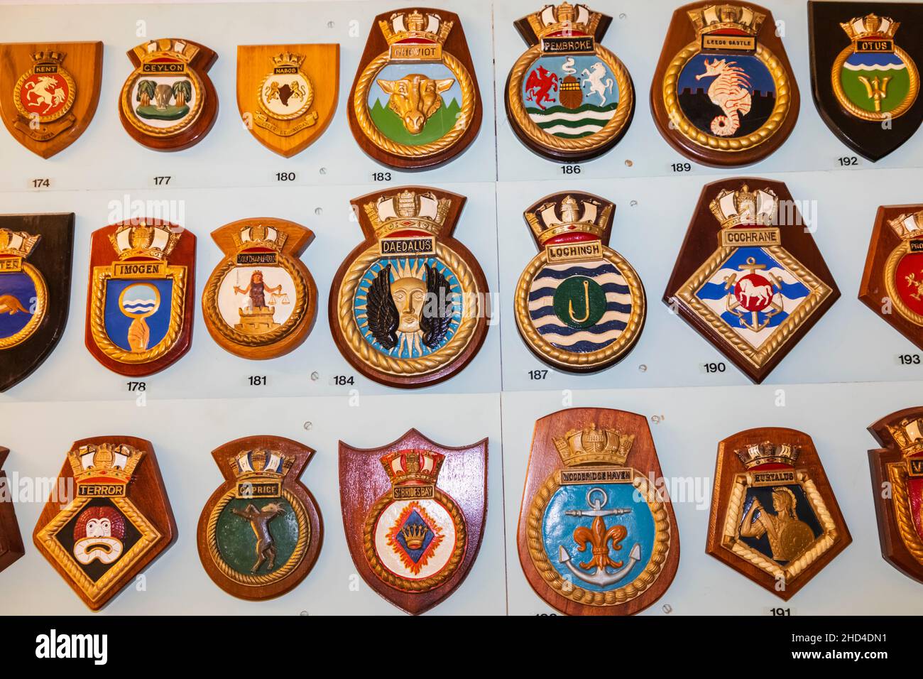 England, Dorset, Weymouth, Nothe Fort, Display of Royal Navy Crests ...