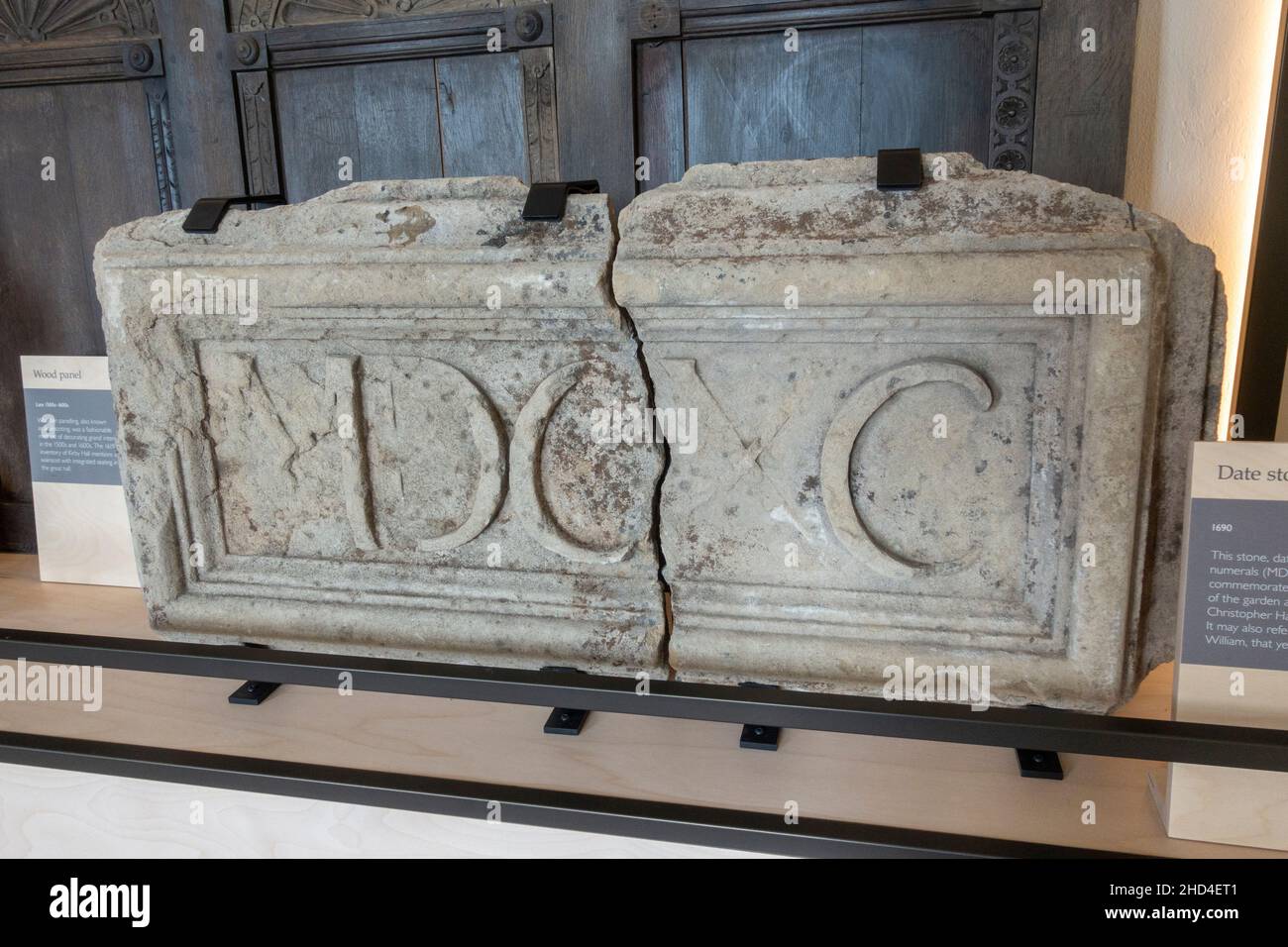 A date stone (dated 1690) recovered from the ruin of Kirby Hall, an ...