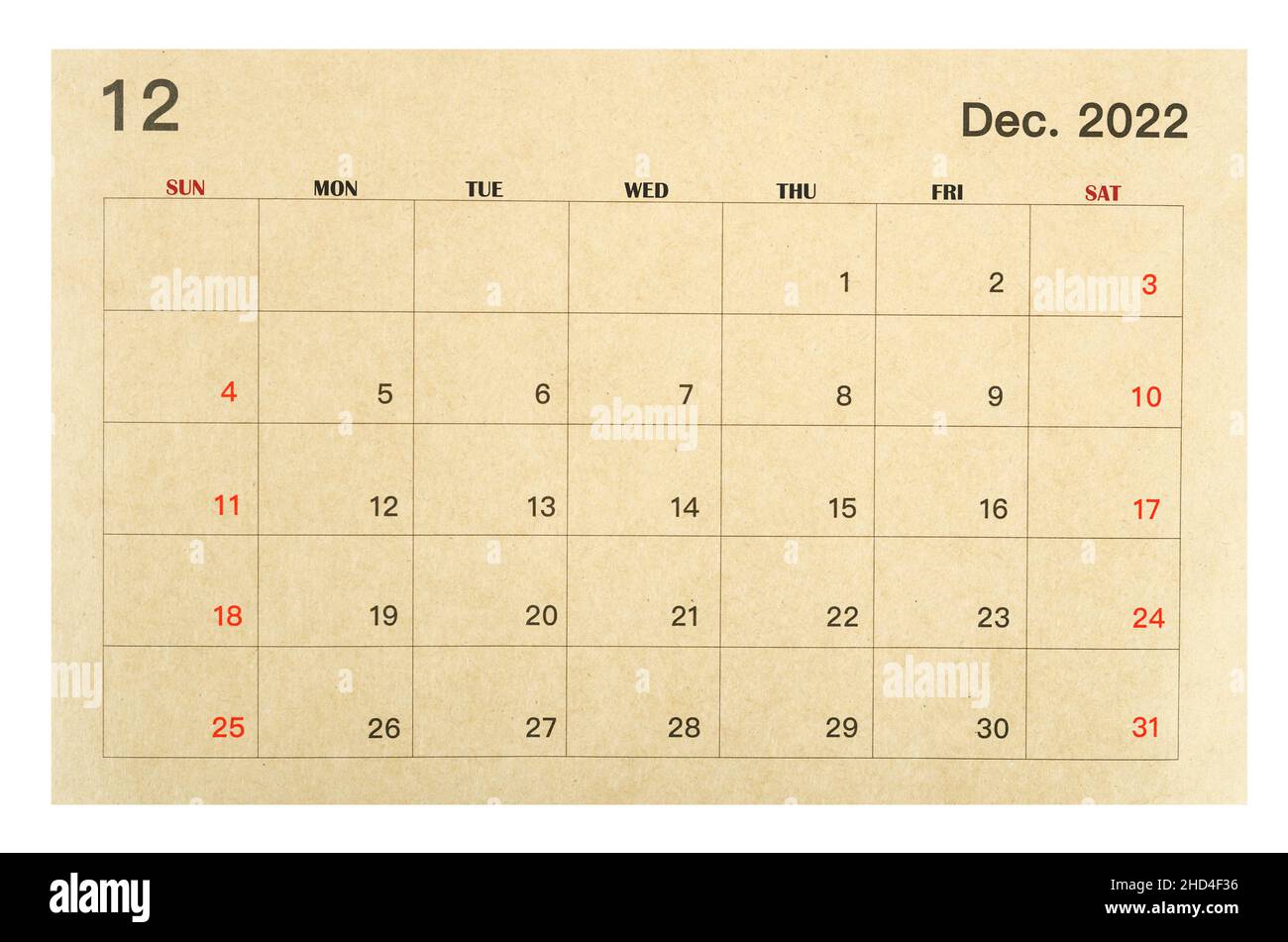 December 2022 brown calendar made from recycled paper isolated on white ...